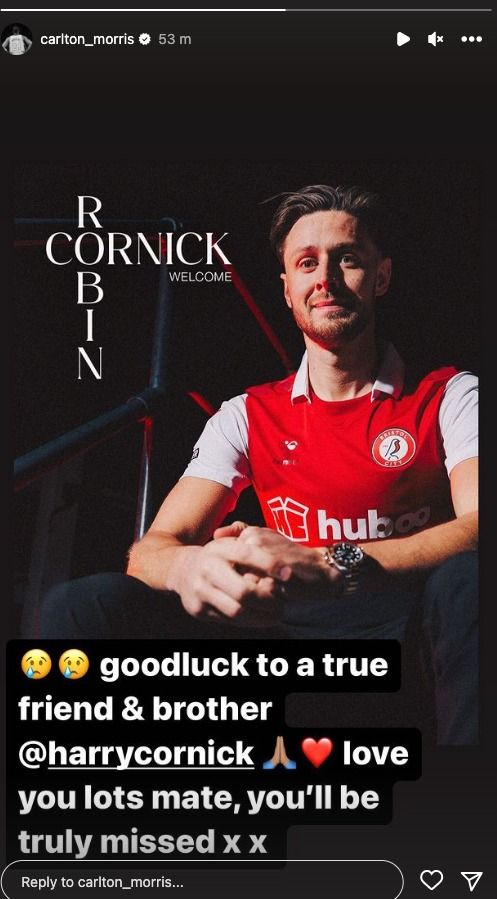 Harry Cornick receives emotional tribute from Carlton Morris as he ...