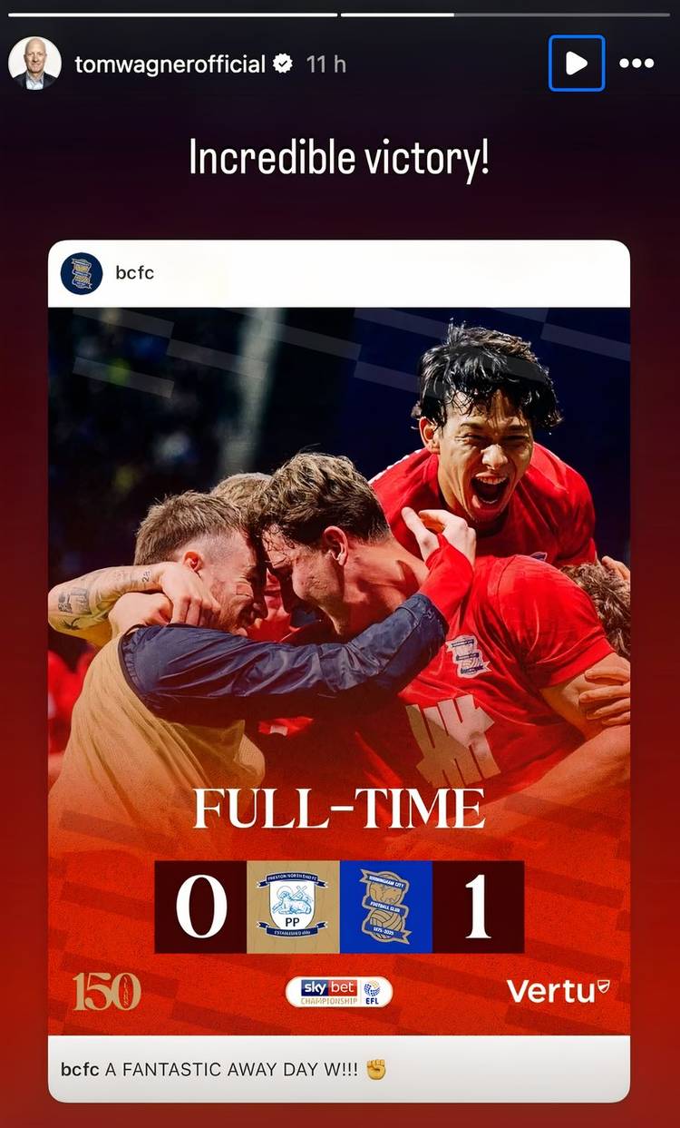 How Birmingham City owner Tom Wagner has reacted in just two words to Preston North End victory